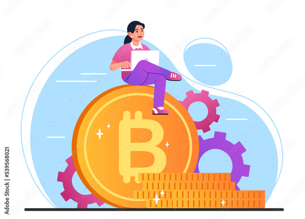 Woman with cryptocurrency. Young girl sits on large gold coin ...
