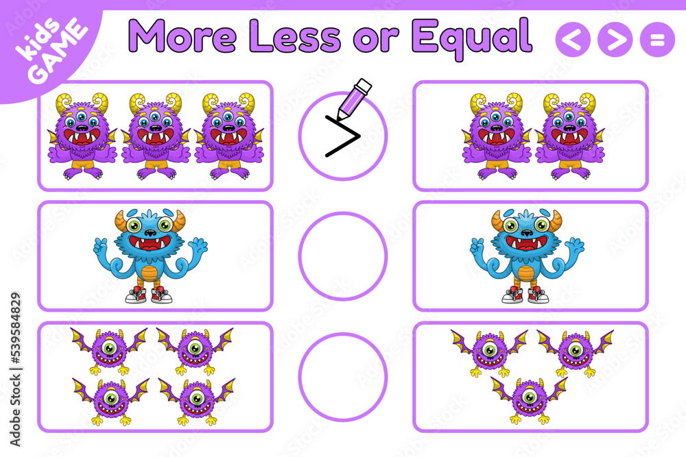 Math educational game Choose more, less or equal. Learning counting and ...
