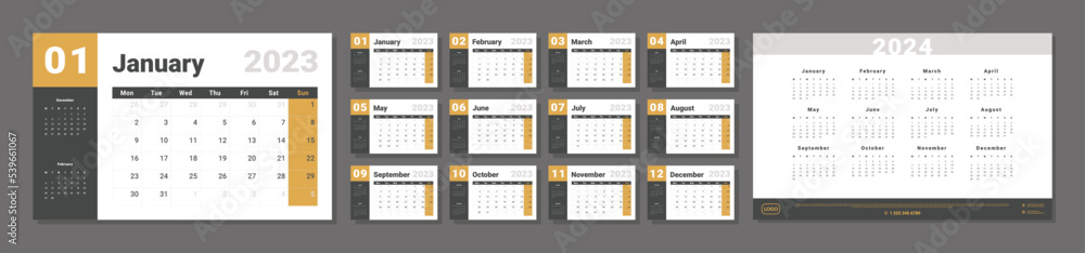 Set of 2023-2024 Calendar Planner Template. Vector layout of a wall or ...