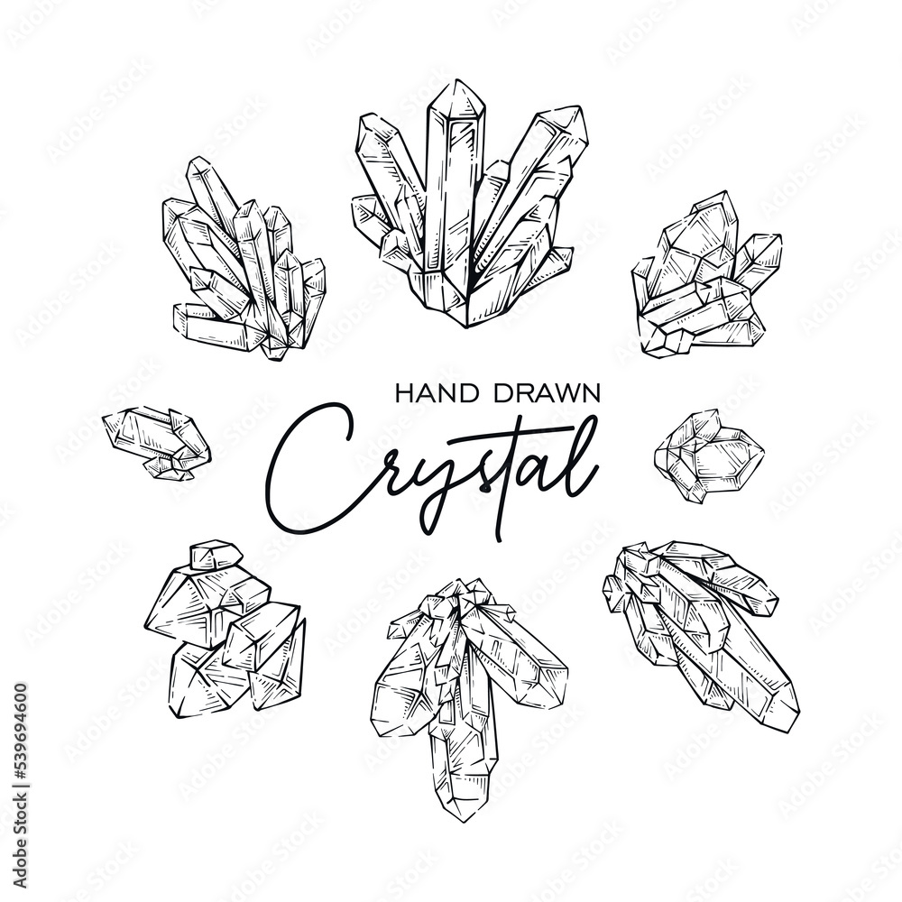Collection of detailed crystal quartz mineral hand drawn outline ...