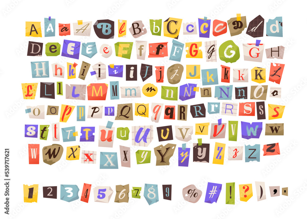 Anonymous letters cut from magazines. Clipping alphabet. Paper style ...