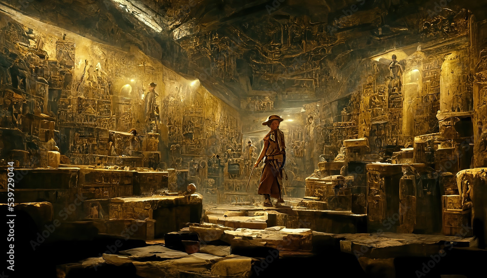 AI generated image of explorers inside an ancient Egyptian pyramid ...