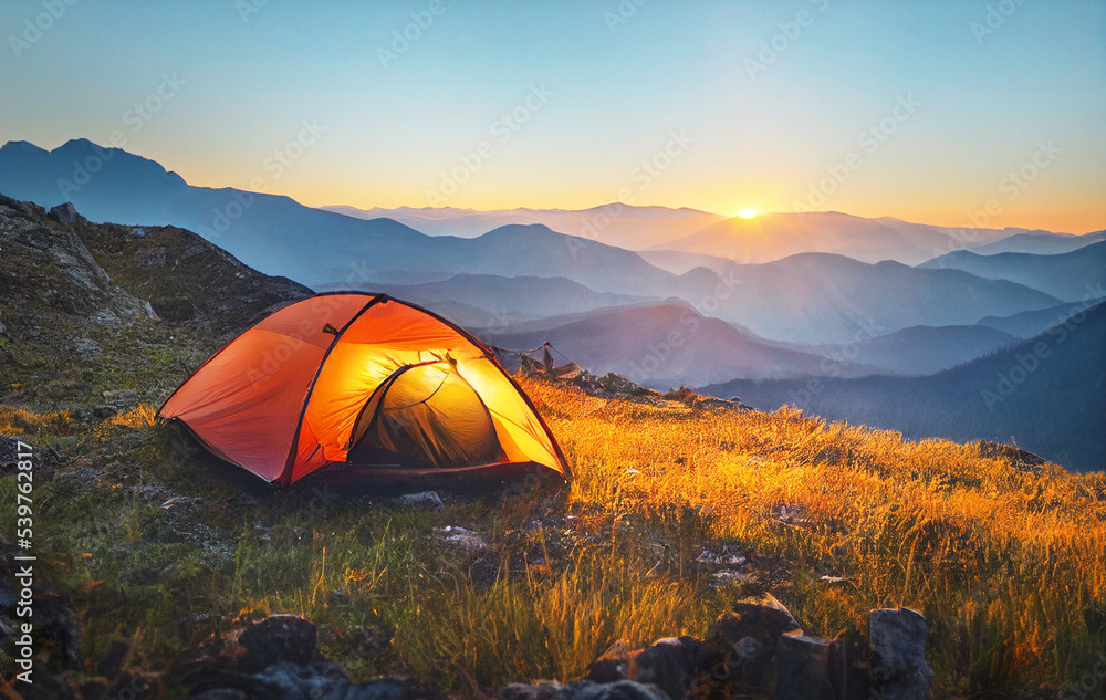 tourist tent camping in mountains at sunset Stock Photo | Adobe Stock