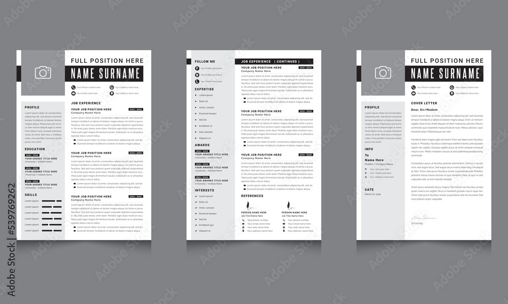 Modern Resume CV Template Layout and Cover Letter Black Header Vector ...