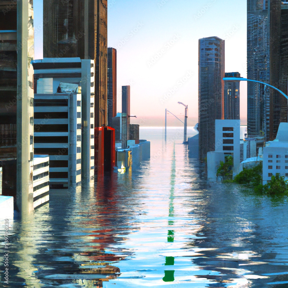 Digital illustration of big city with sea level rising between ...