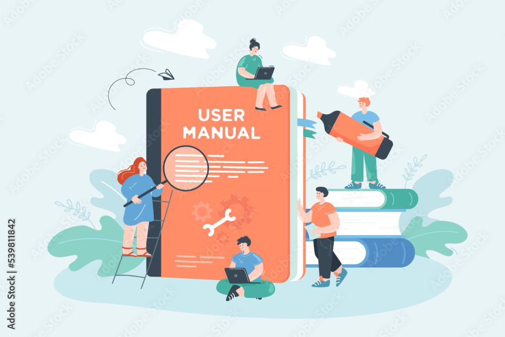 Tiny people studying huge user manual with instructions. Person on stack of books, characters ...