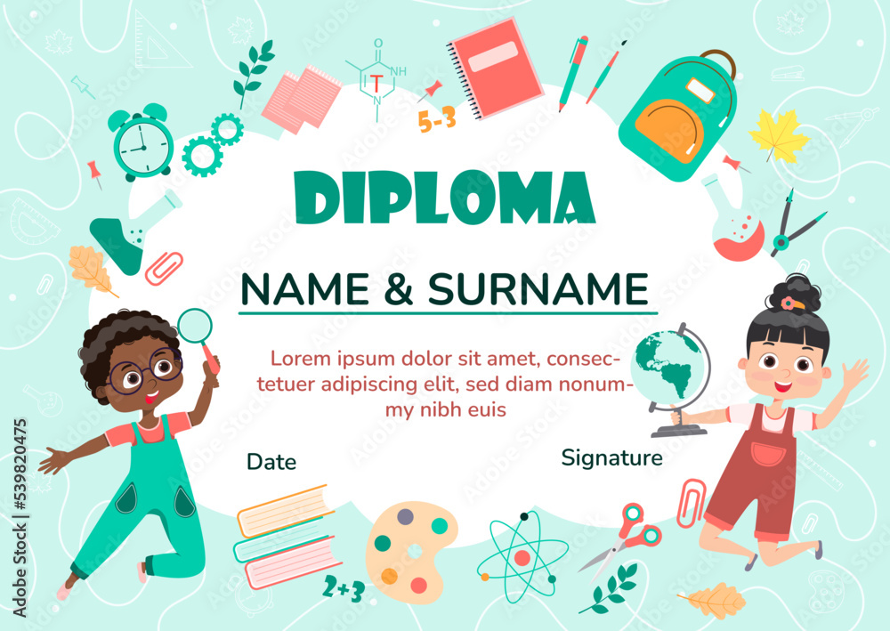 Diploma certificate template for school student and preschool for kids ...