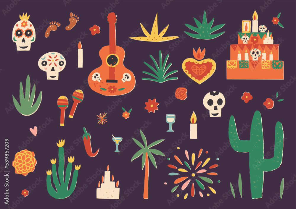 Vetor Dia De Los Muertos or Day of the Dead clipart set. Sacred heart ...