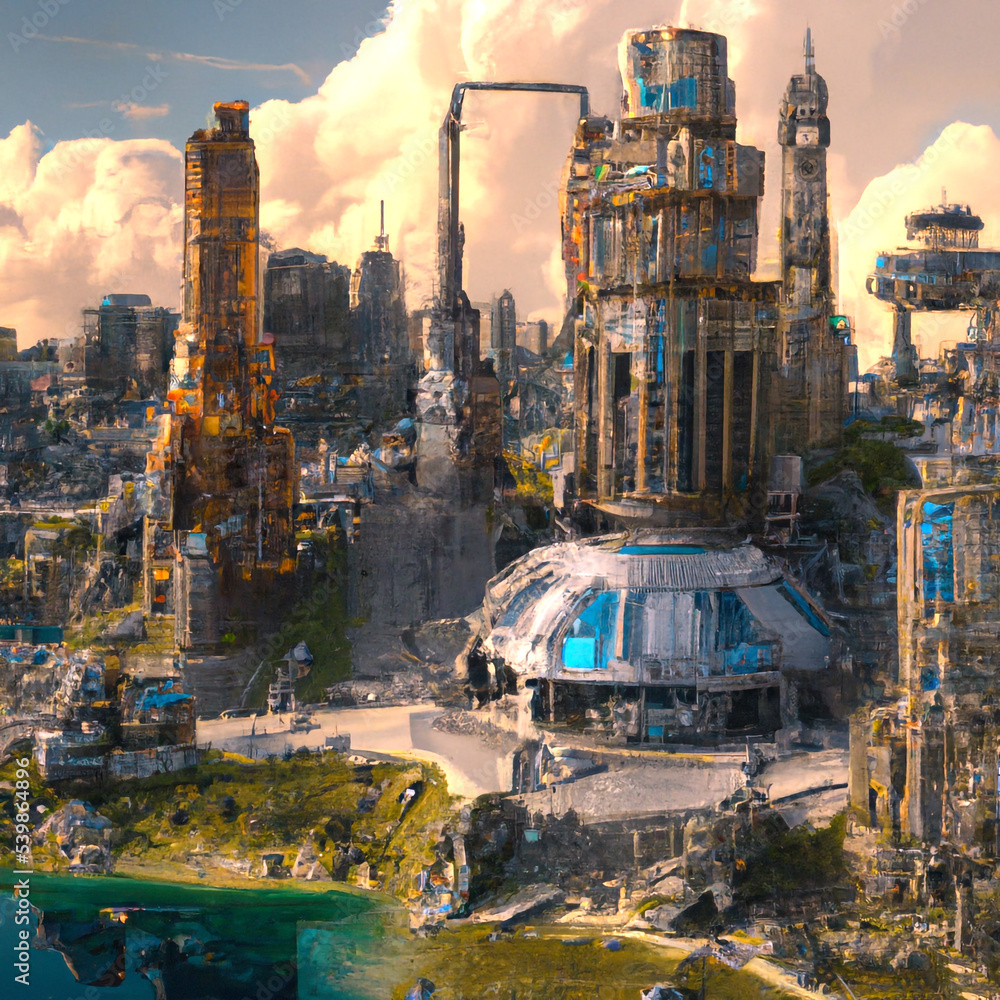 Digital concept art of futuristic cityscape. Future city alien world ...