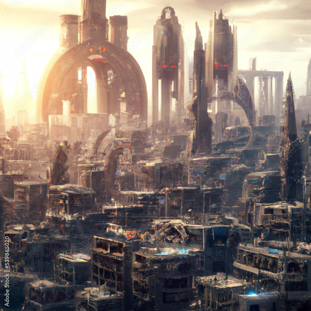 Digital concept art of futuristic cityscape. Future city alien world ...