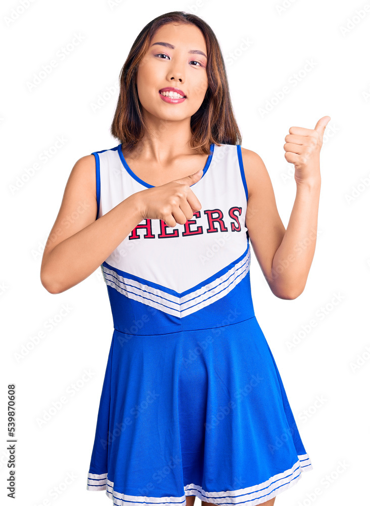 Young Beautiful Chinese Girl Wearing Cheerleader Uniform Pointing To 7788