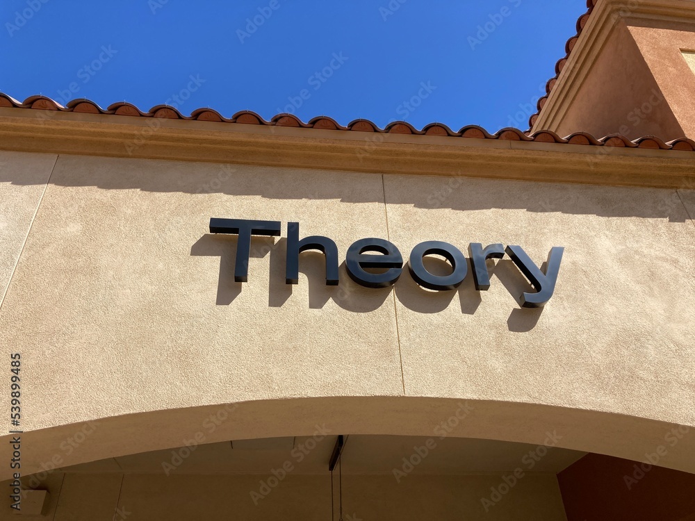 Theory sign, logo on the store facade at Desert Hills Premium Outlets ...