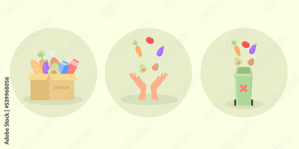 Sustainability illustration set. Characters reducing food waste, donate ...