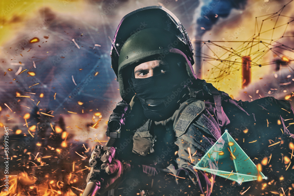 Army soldier in Combat Uniforms with an assault rifle and combat helmet ...