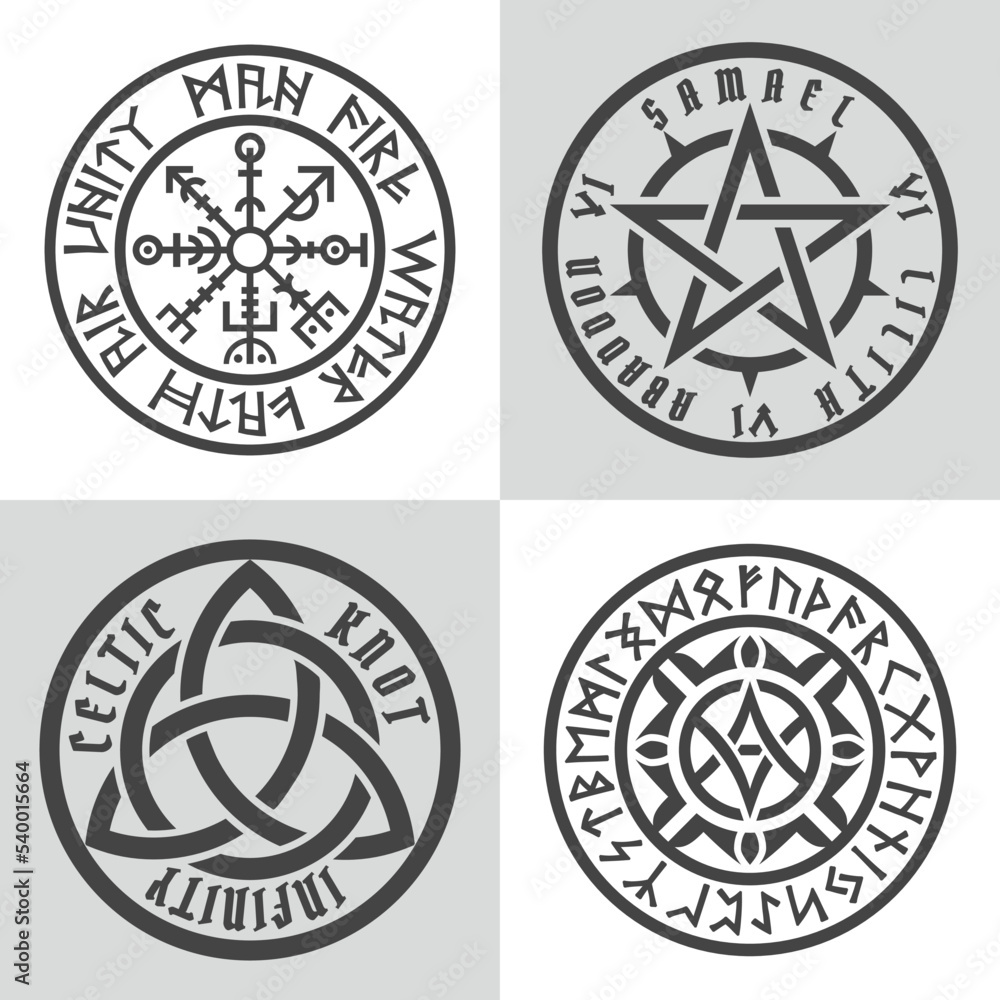 Rune circle. Set of magic symbols in scandinavian style. Mystical ...