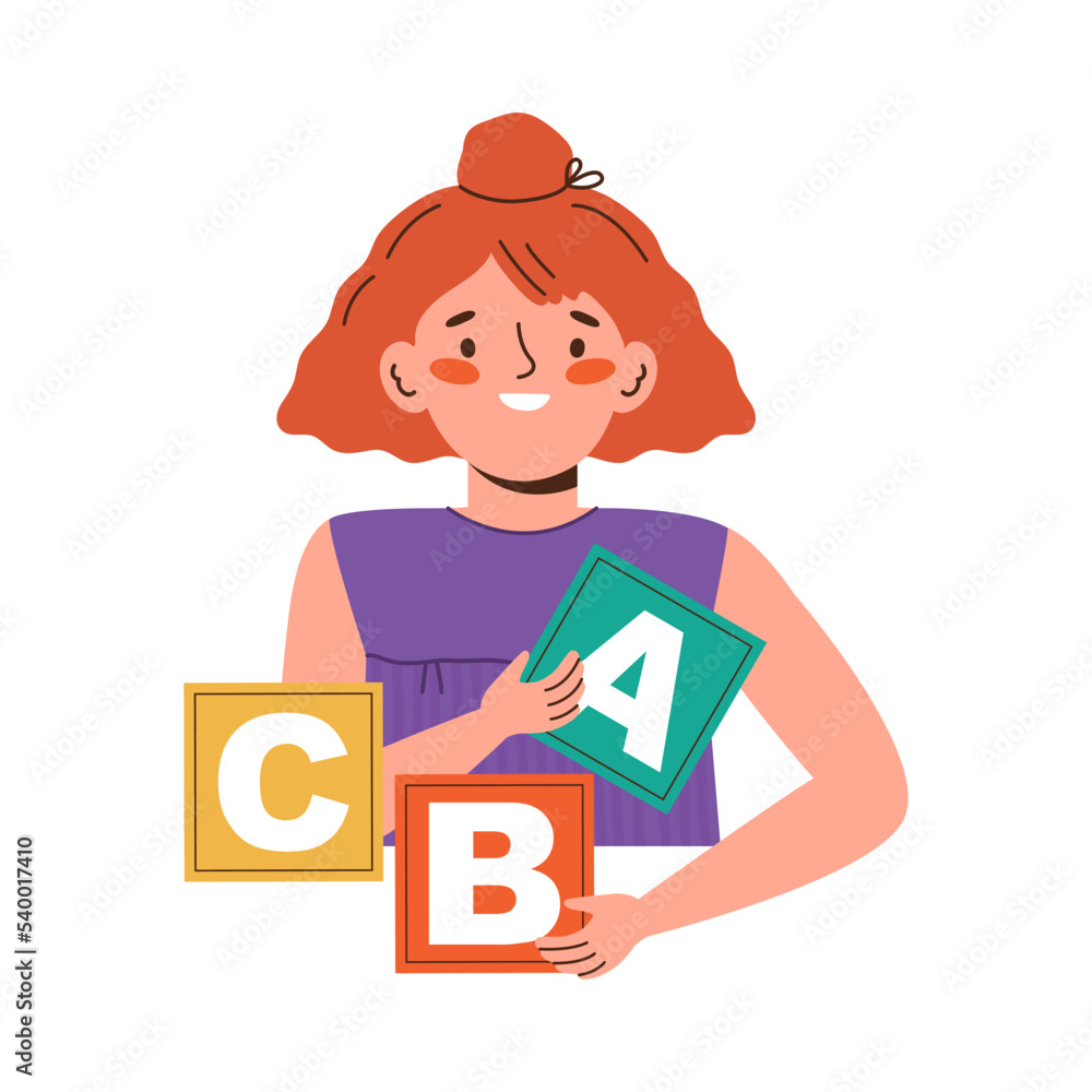 Girl learns the alphabet. Preschool education. Child studying English ...