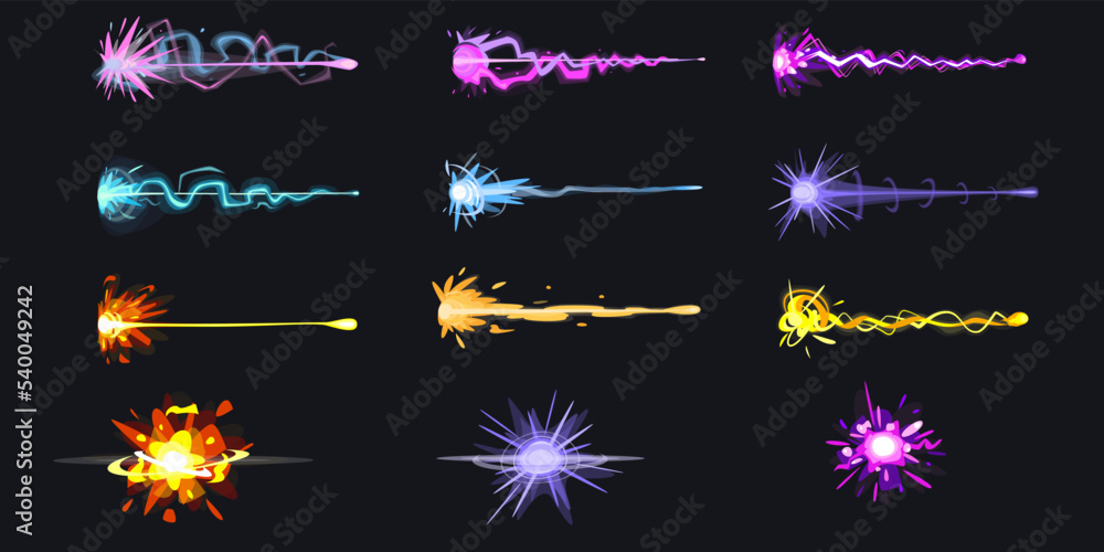Colorful beams or energy blasts vector illustrations set. Cartoon ...