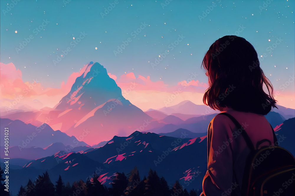 Anime girl looking at the mountains. Manga drawing of a character ...