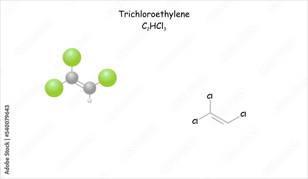 Stylized molecule model/structural formula of trichloroethylene. Stock ...