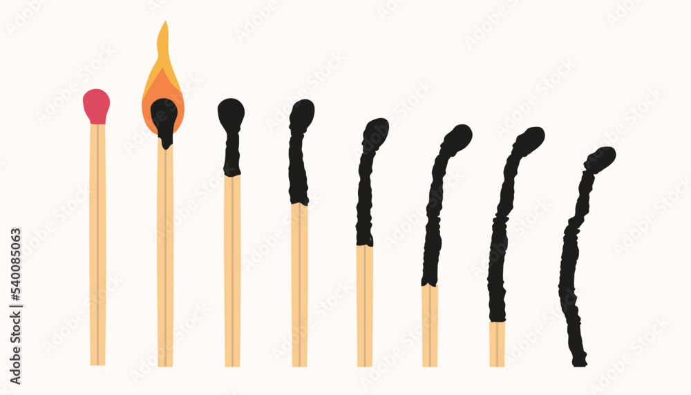 Burning match animation. Burn matches stages, burned flame matchstick ...