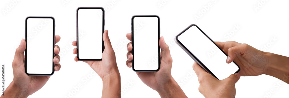 Hand holding phone PNG set with smartphone blank screen and modern ...