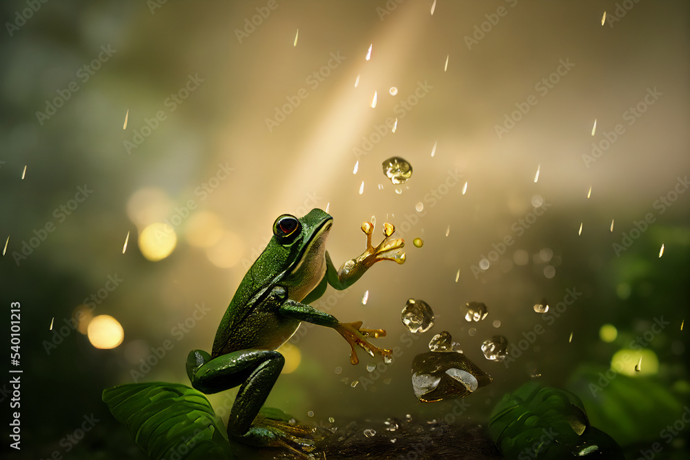 Frog playing with water droplets, frog in rain in fantasy forest 3d ...