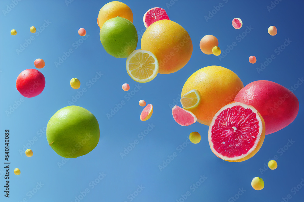 Fruit composition in the sky. Soaring sliced oranges, pears, apples ...