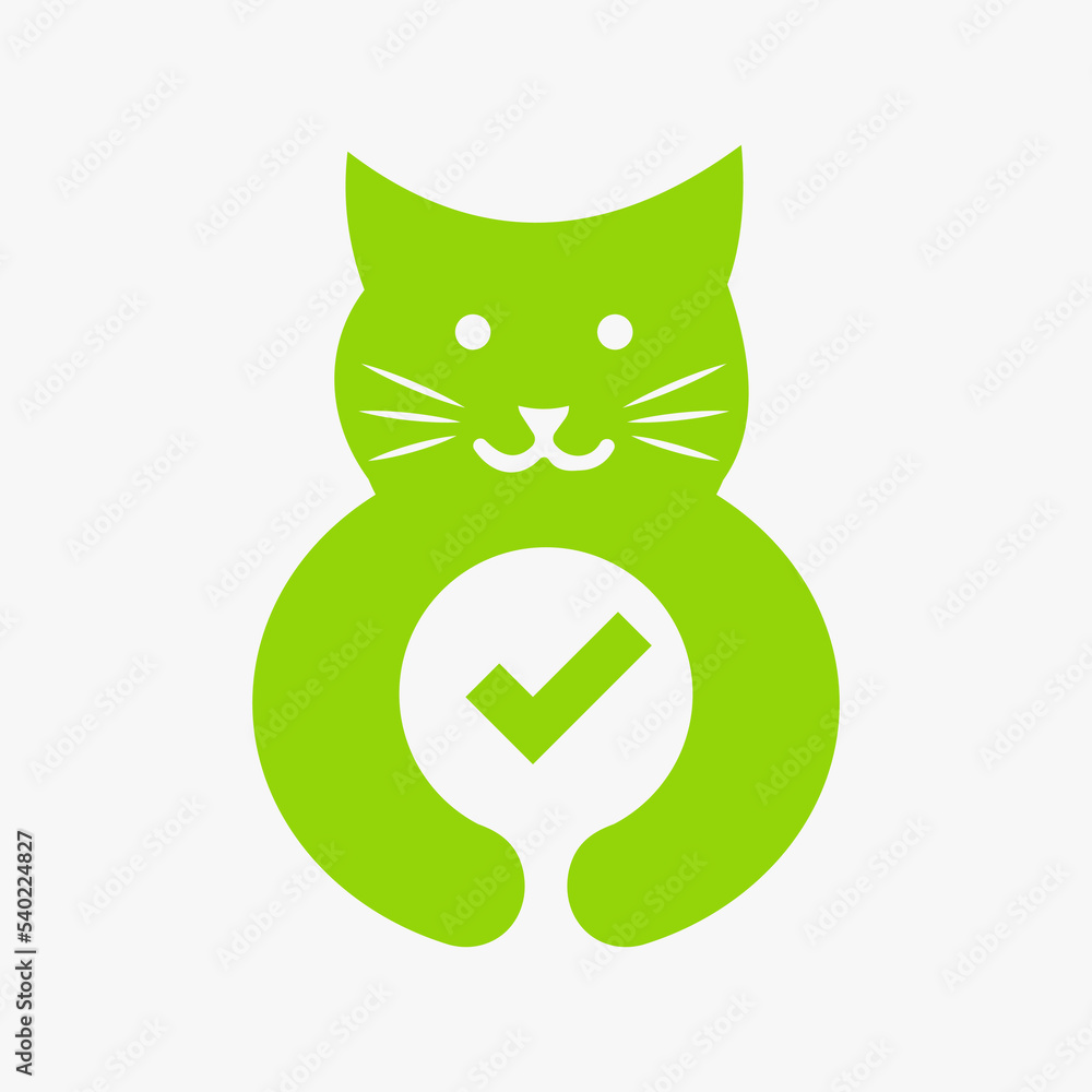 Cat Checkmark Logo Negative Space Concept Vector Template. Cat Holding ...