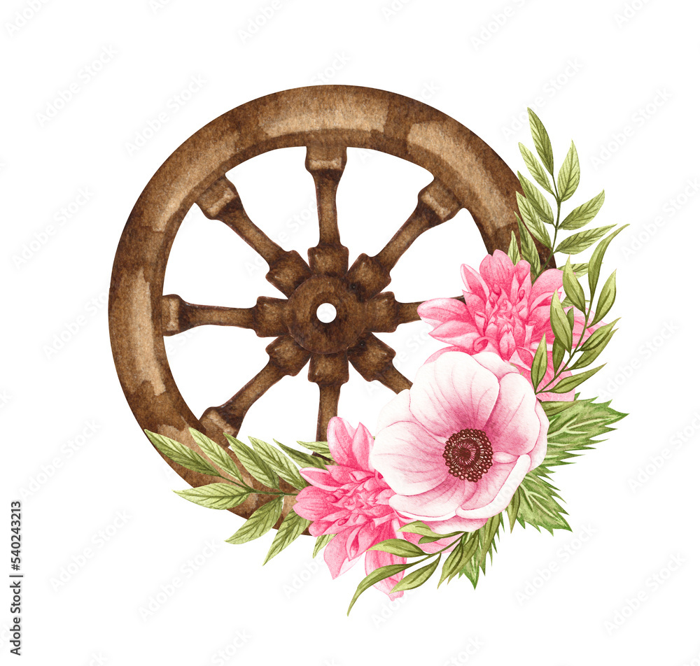 Watercolor floral Wooden wheel. Wooden wheel and flowers. Farmhouse ...