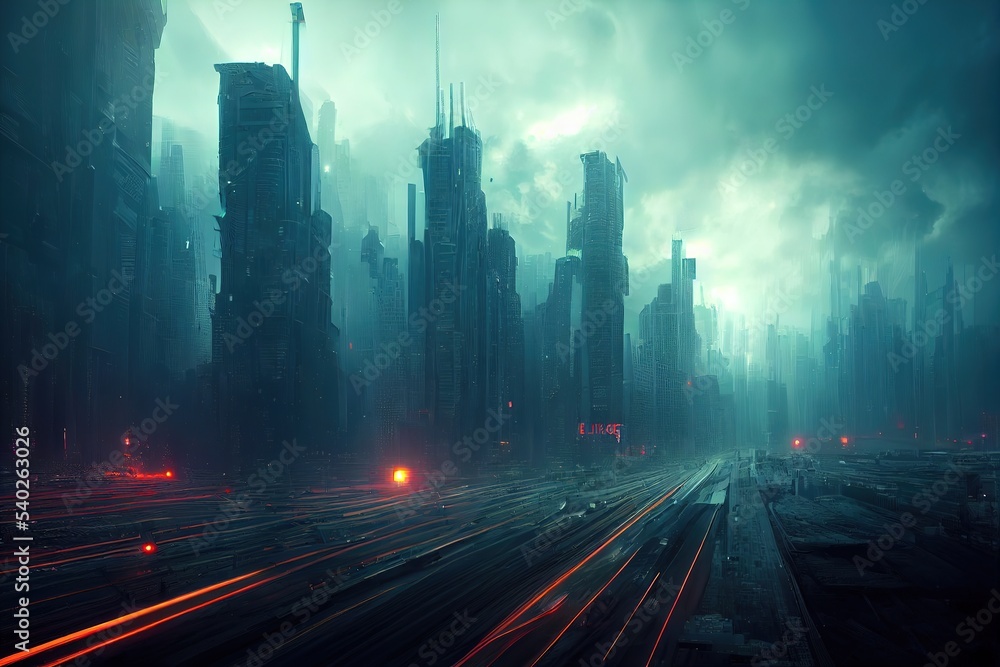 City wallpaper. Dystopian futuristic cyberpunk city at night in a neon ...