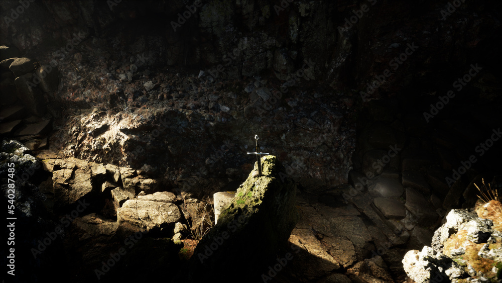 High contrast image of Excalibur, sword in the stone with light rays ...