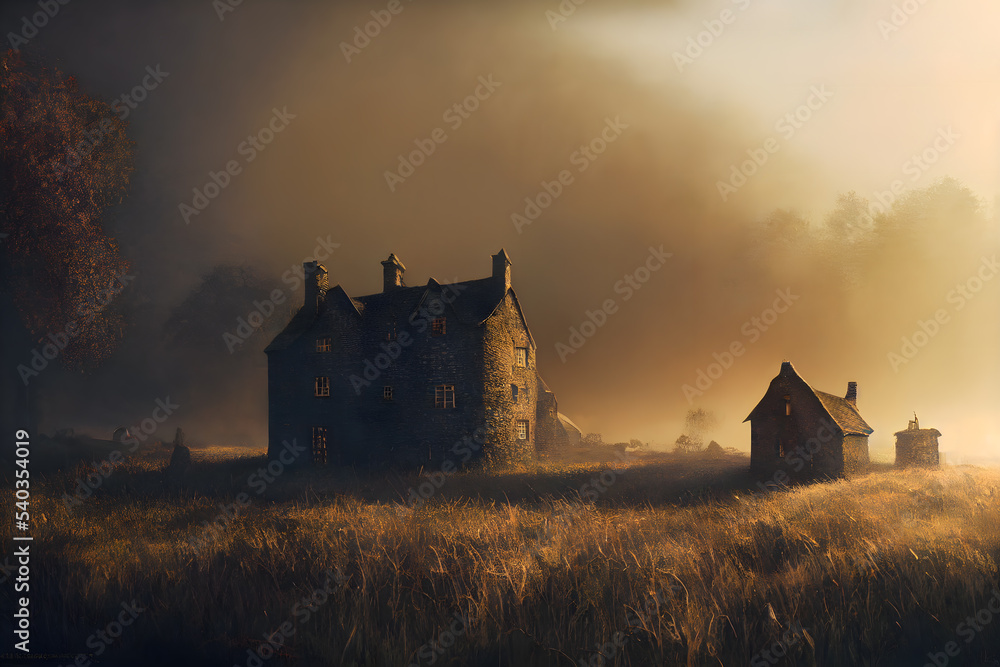 Digital illustrative painting of an abandoned medieval Scotland old ...