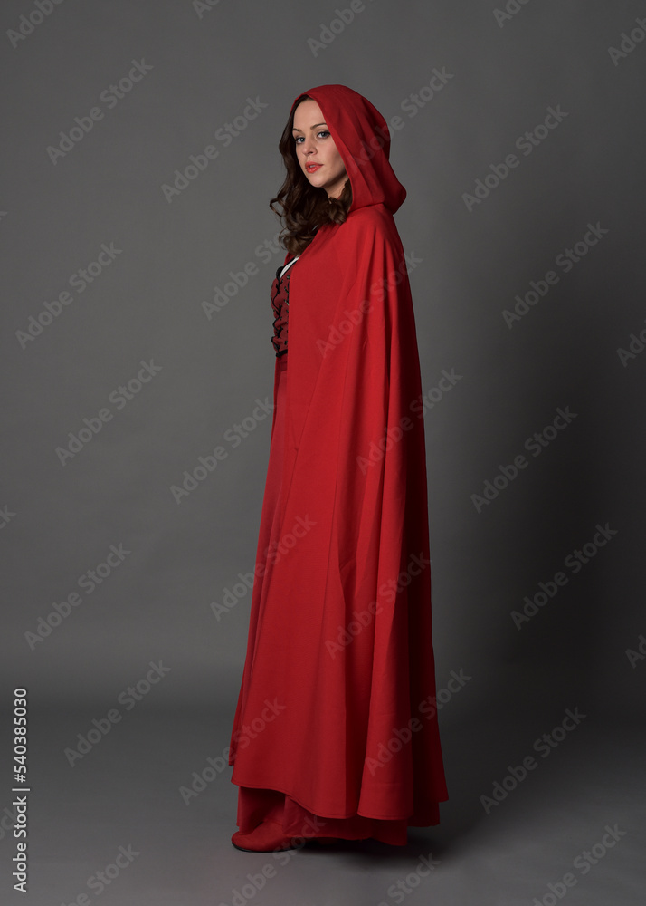 Full length portrait of woman wearing red medieval fantasy costume ...