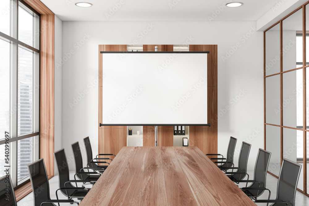 Business room with board and seats, panoramic window. Mockup projector ...