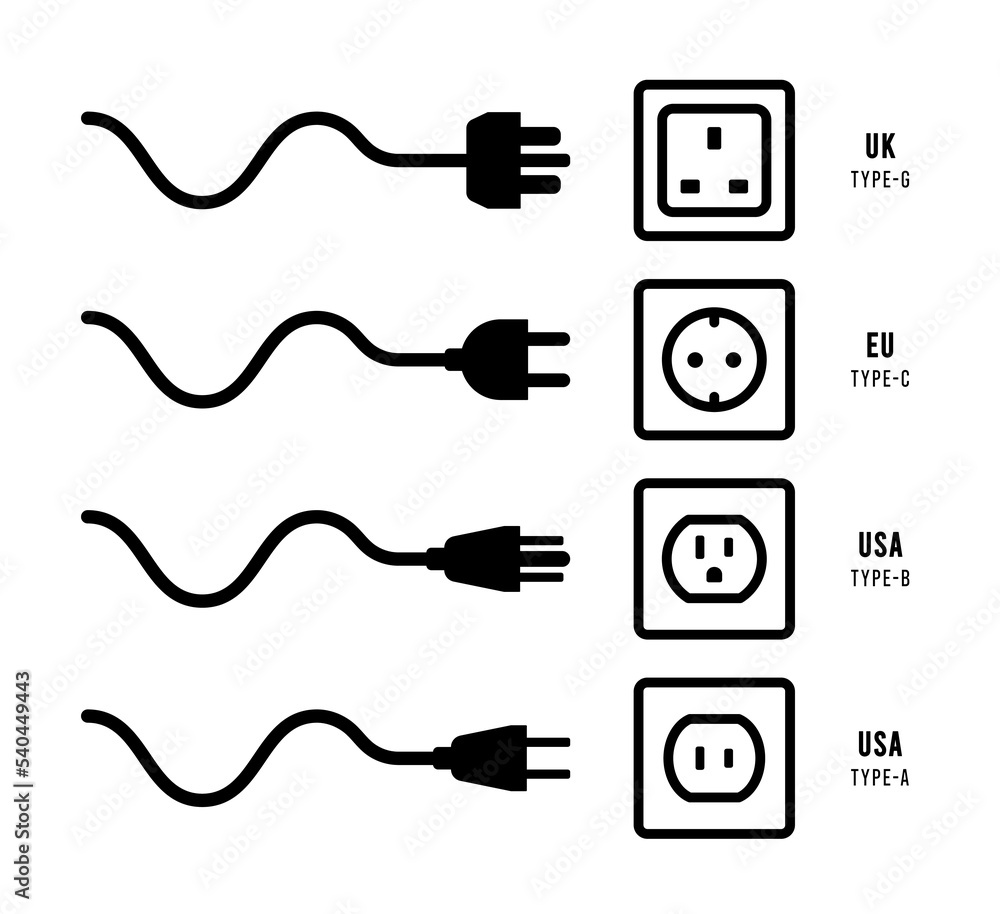 Electricity outlet socket power plug icon set. USA, EU and UK power ...