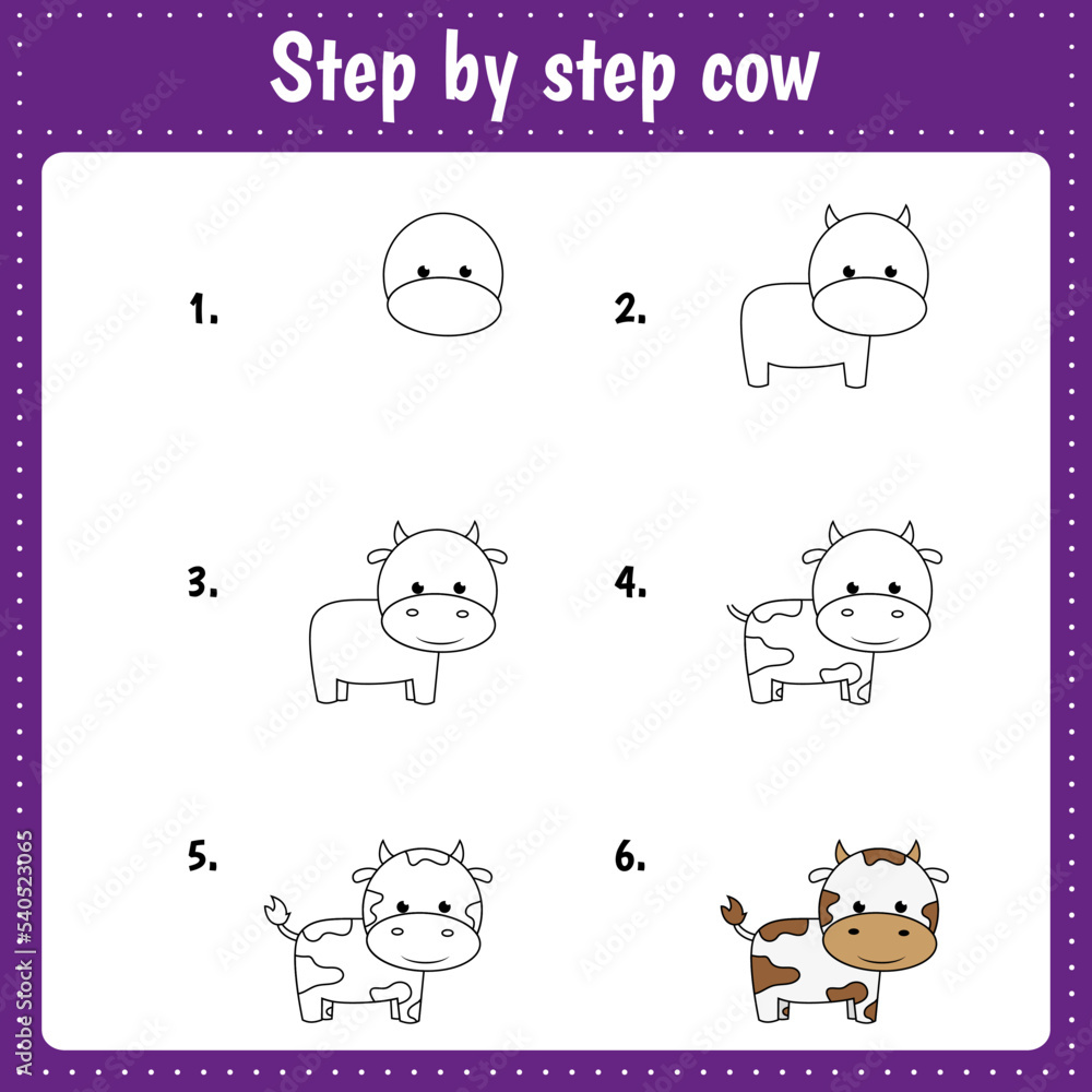 Educational worksheet for kids. Step by step drawing illustration. Cow ...