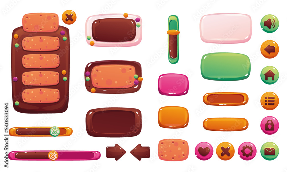 Candy sweet style chocolate cookie menu game ui button interface design element concept. Vector ...