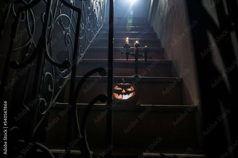Inside of old creepy abandoned mansion. Silhouette of horror ghost ...
