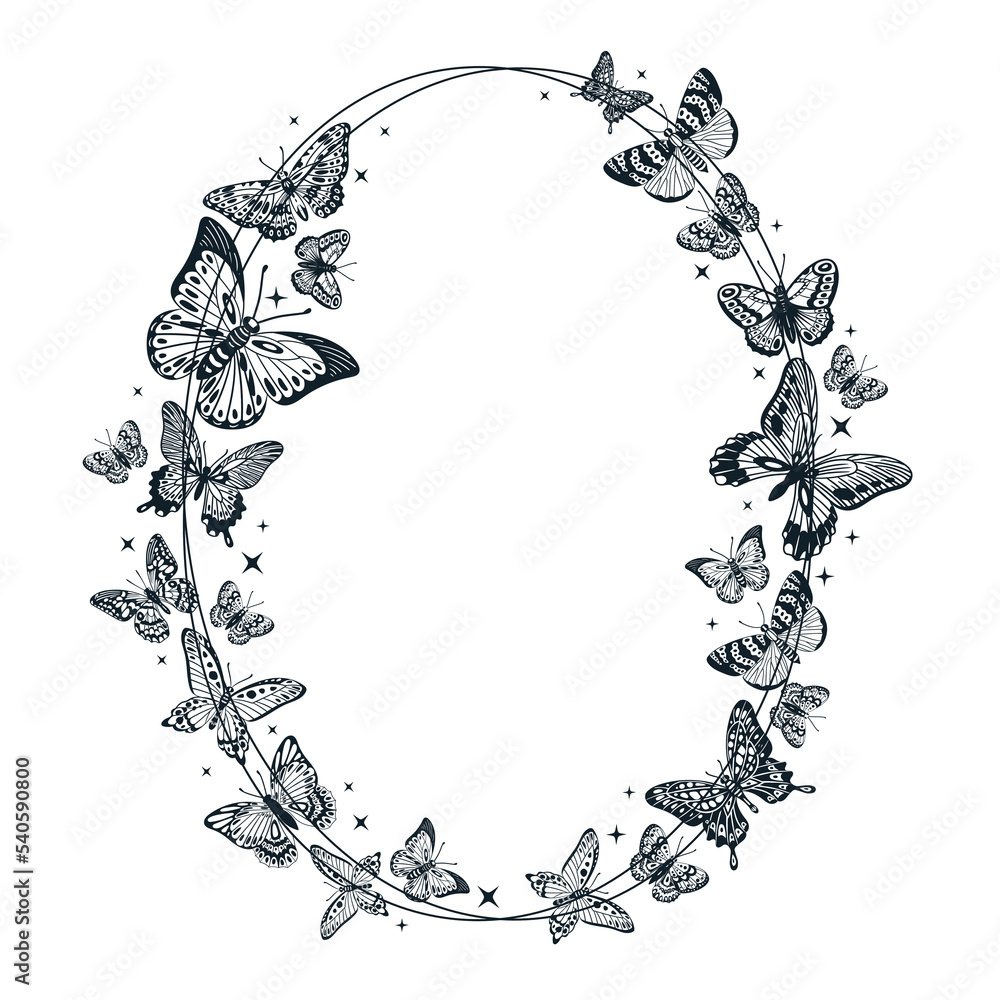 Stock-Vektorgrafik „Cartoon butterfly silhouette frame. Black engraved ...