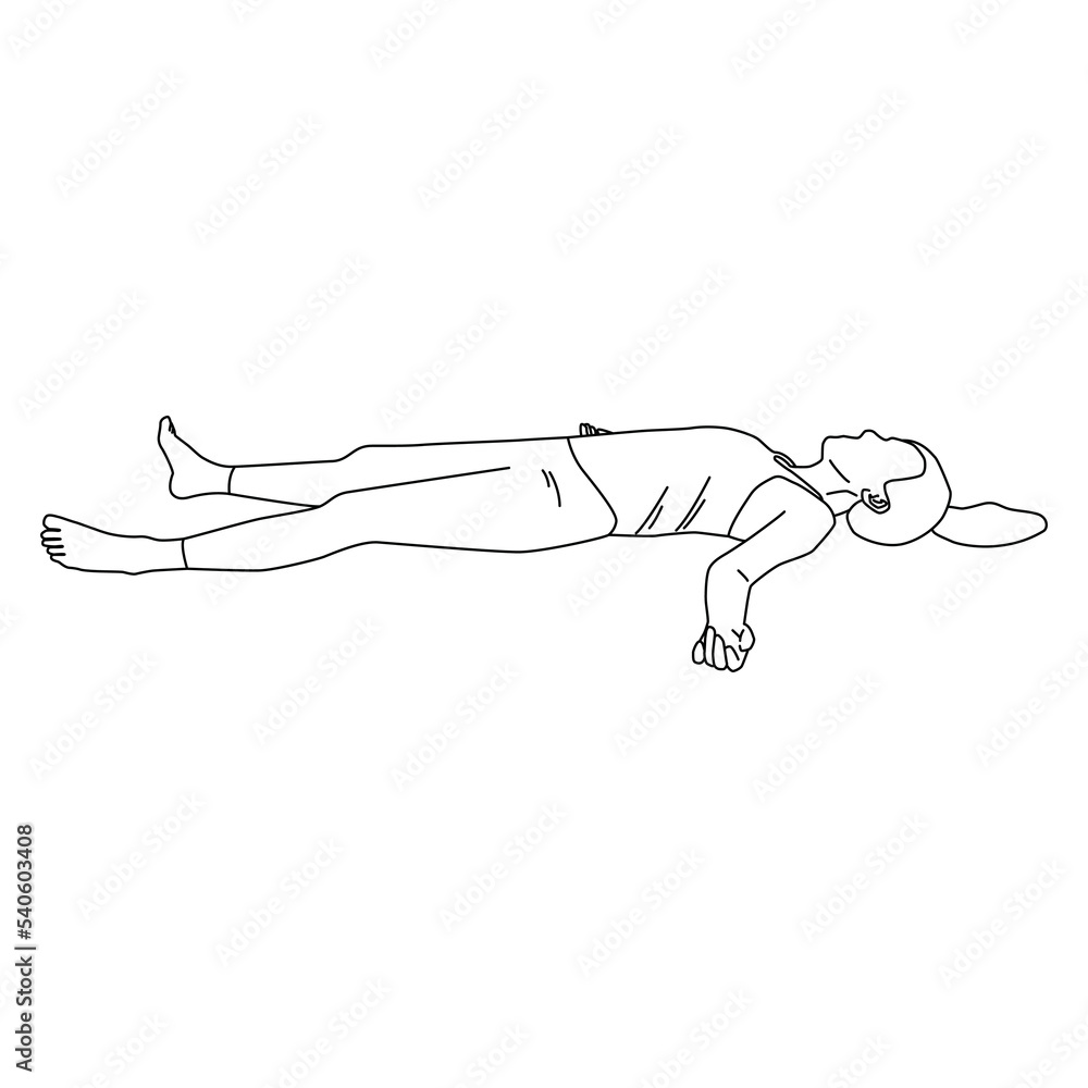 Line art of woman doing Yoga in Savasana pose vector. Girl lying on the ...