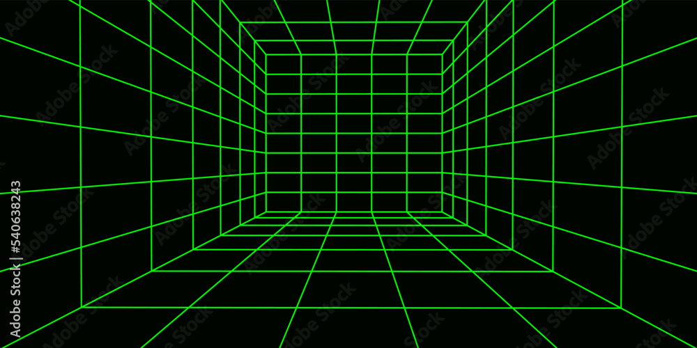 3d wireframe room in acid green. Abstract perspective grid. Retro ...