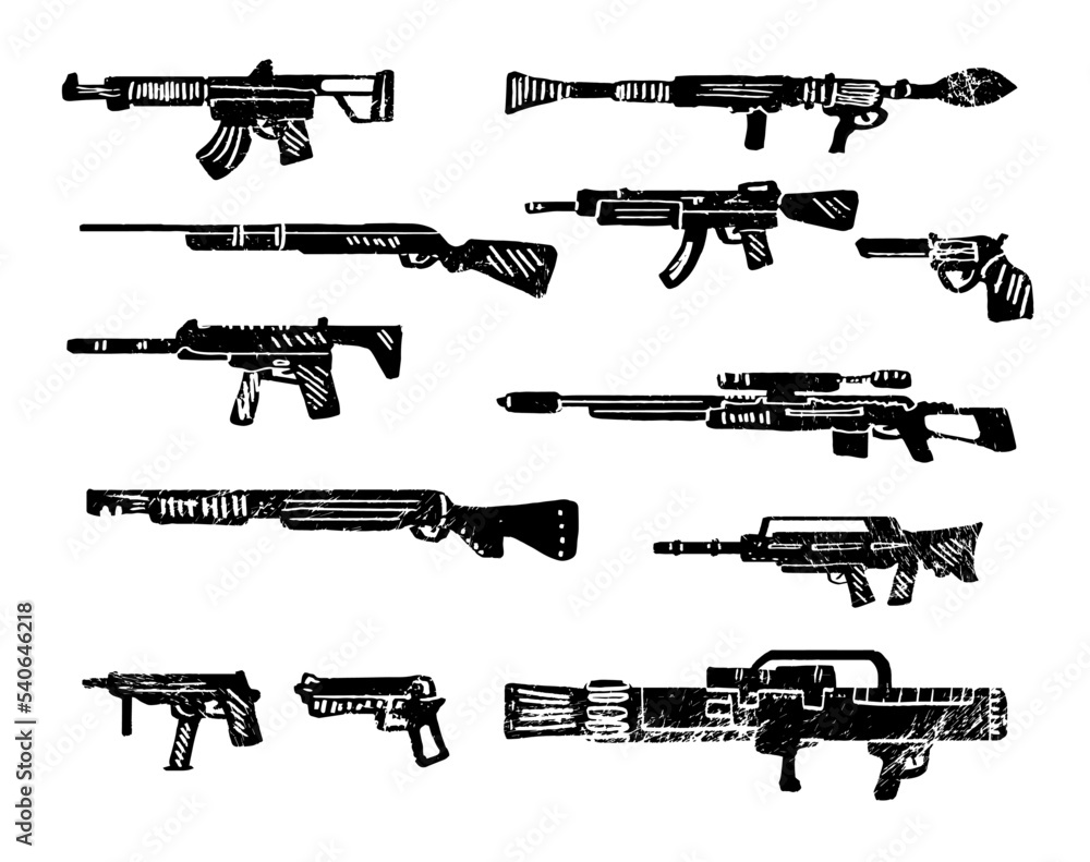 Big set of various weapons engraving, ink style set. Collection of ...