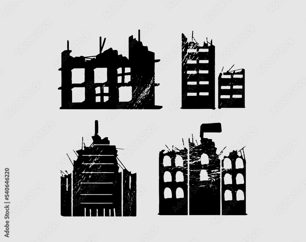 Old ruined silhouette, abandoned and collapsed buildings engraving, ink ...