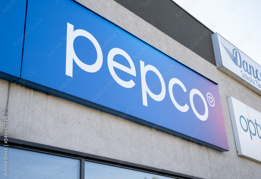Pepco store with brand logo sign board hanging above entrance door ...
