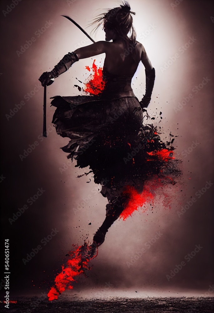Warrior Woman Fighting A Battle Ninja High Contrast Powder Paint ...