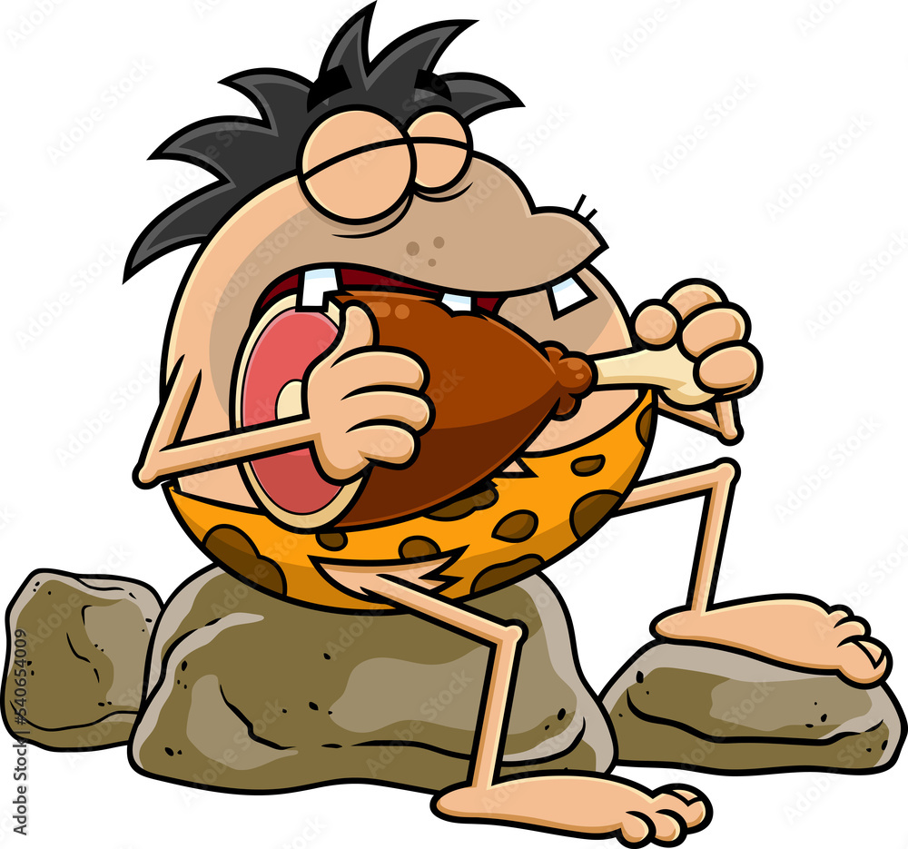 Caveman Cartoon Character Eating Meat. Hand Drawn Illustration Isolated ...