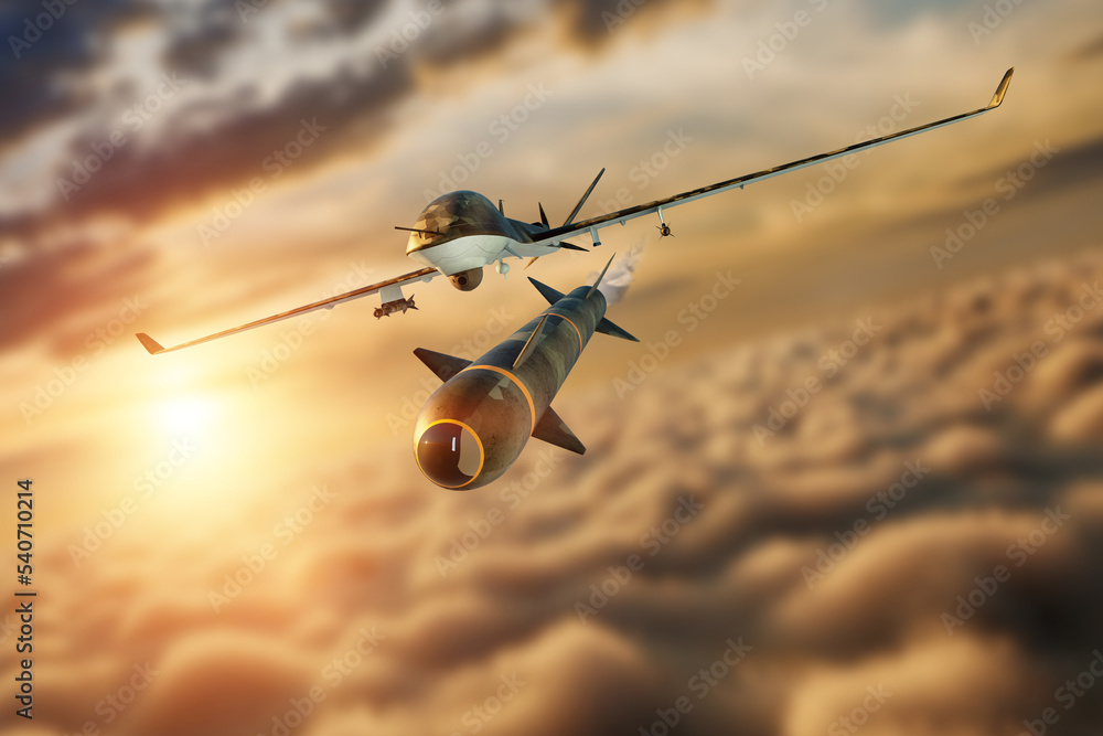 UAV military combat drone launches a combat missile. Modern aircraft ...