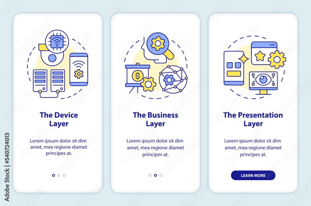 IoT applications layers onboarding mobile app screen. Digital tools ...