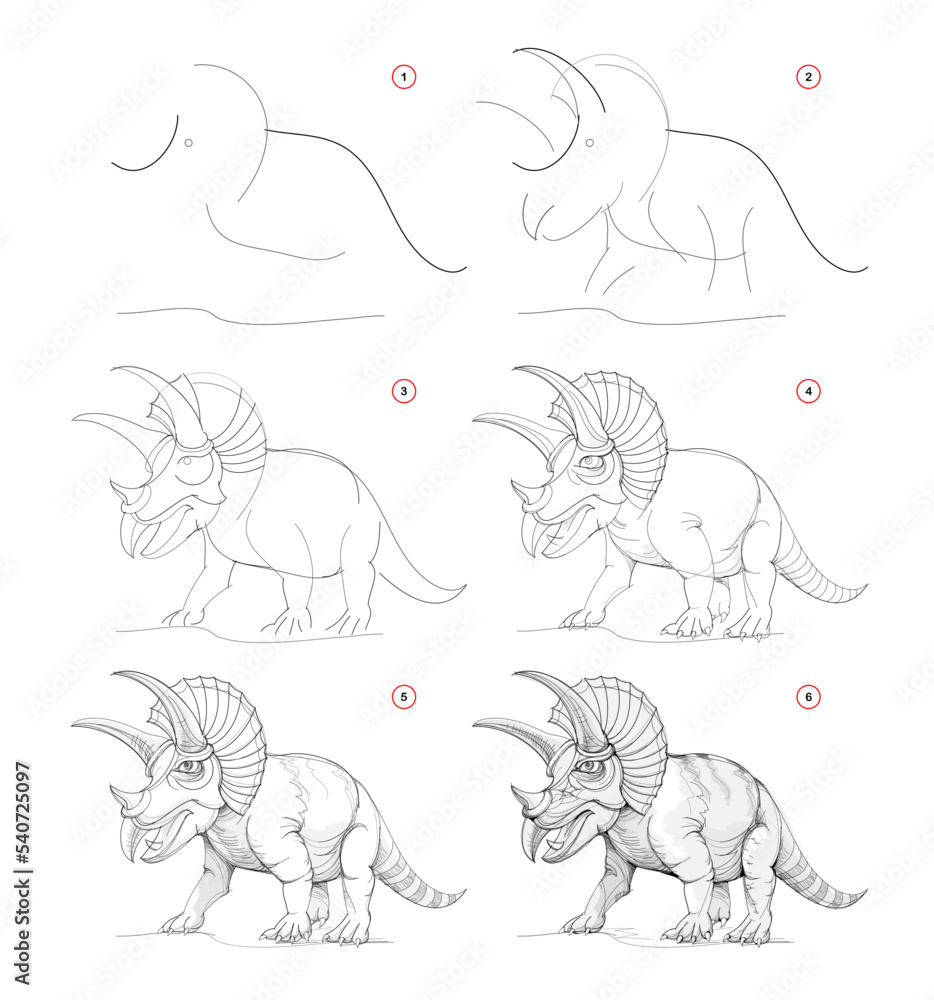 Page shows how to learn to draw sketch of triceratops. Creation step by ...