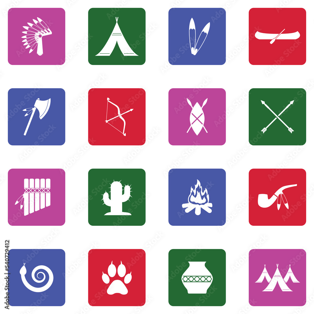 Native American Icons. White Flat Design In Square. Vector Illustration ...